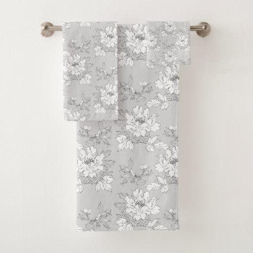 Modern Drawing Gray Floral Pattern Bath Towel Set | Zazzle