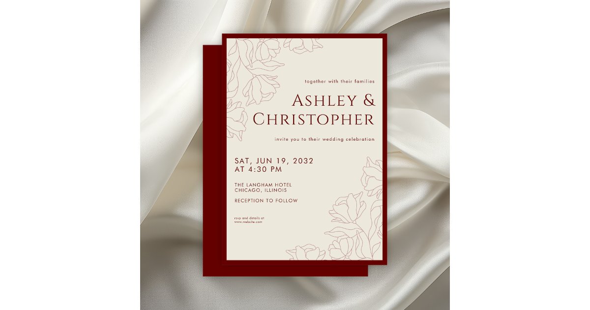 Modern Drawn Floral Crimson Red Wedding Invitation | Zazzle