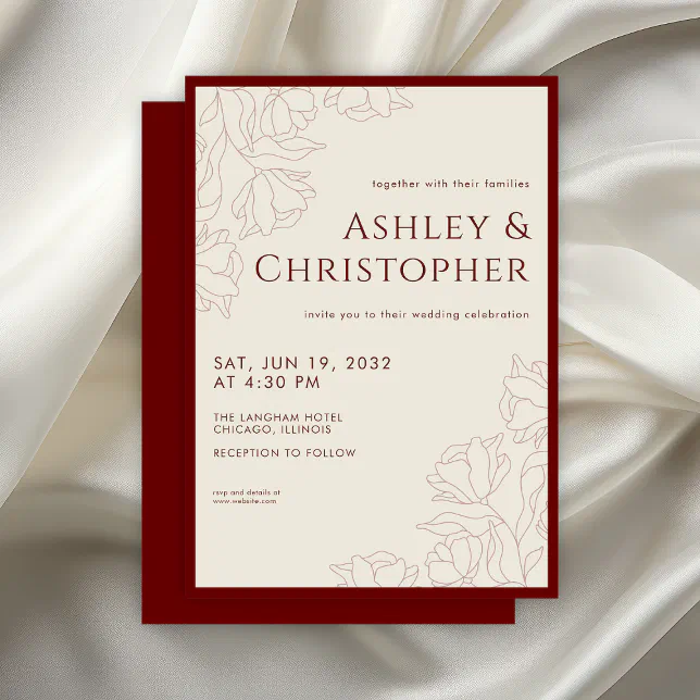 Modern Drawn Floral Crimson Red Wedding Invitation | Zazzle