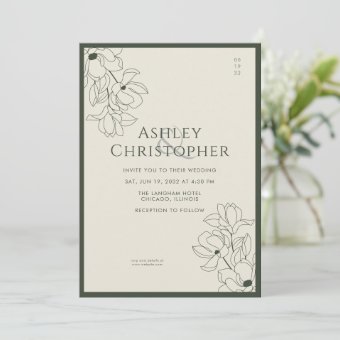 Modern Drawn Floral Dark Moss Green Wedding Invitation | Zazzle