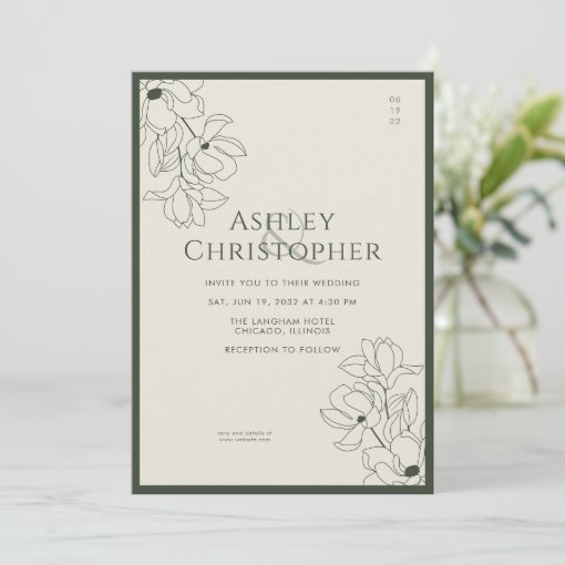 Modern Drawn Floral Dark Moss Green Wedding Invitation | Zazzle