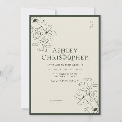 Modern Drawn Floral Dark Moss Green Wedding Invitation | Zazzle