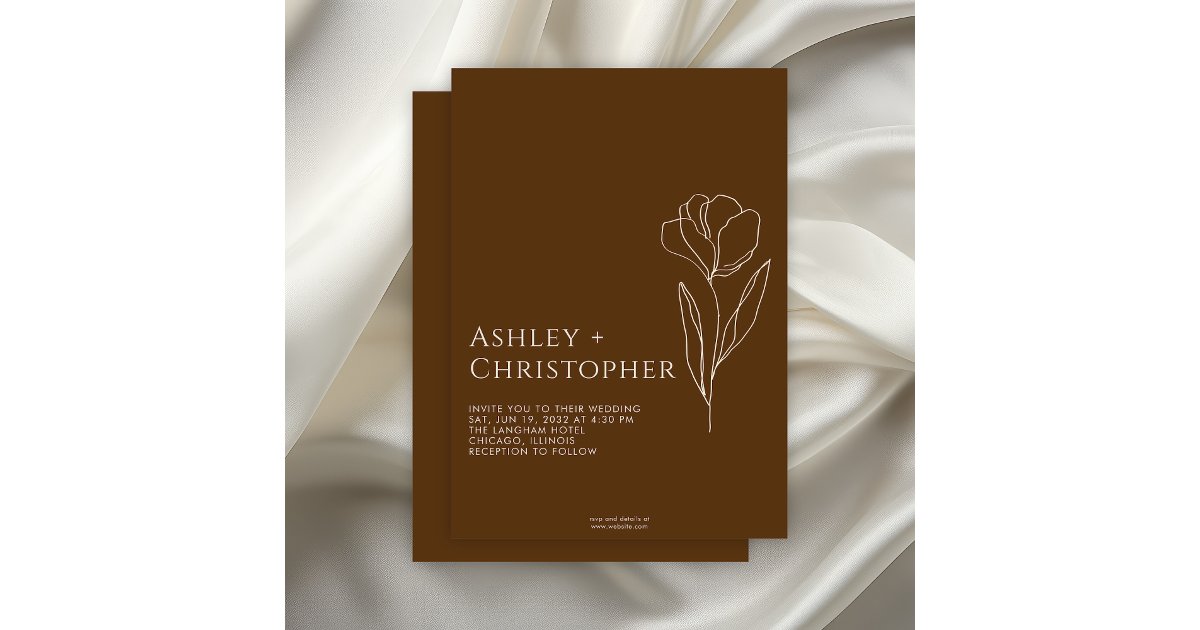 Modern Drawn Floral Golden Brown Wedding Invitation | Zazzle