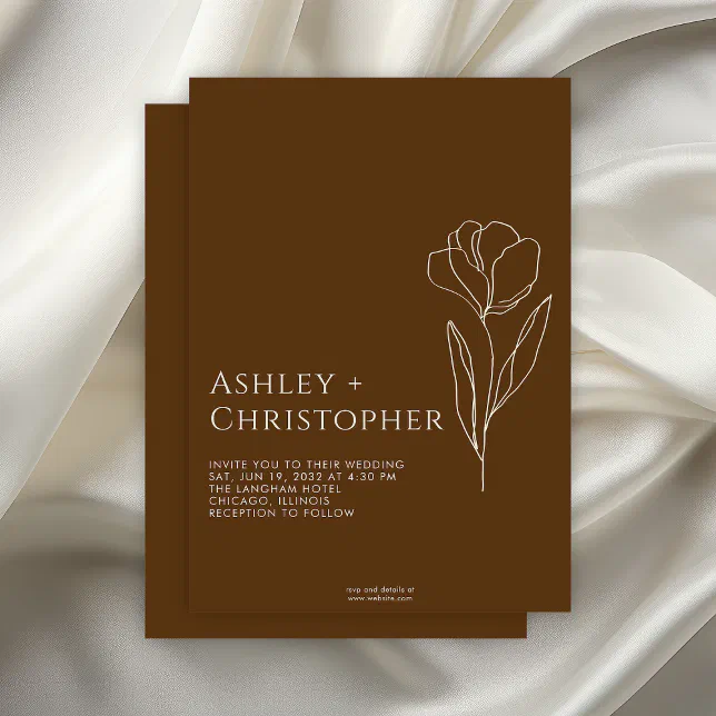 Modern Drawn Floral Golden Brown Wedding Invitation | Zazzle