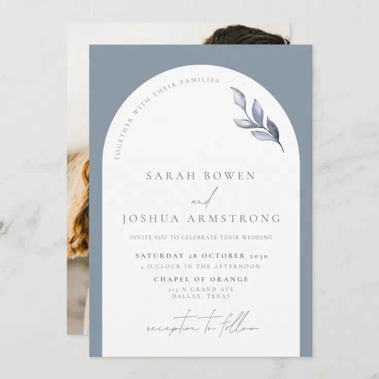 Modern Dusty Blue Arch Botanical Photo Wedding Inv Invitation | Zazzle