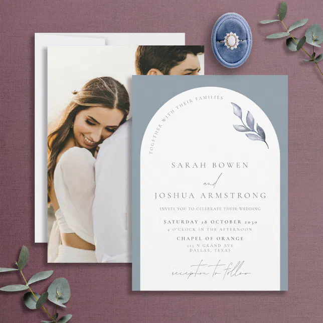 Modern Dusty Blue Arch Botanical Photo Wedding Inv Invitation | Zazzle