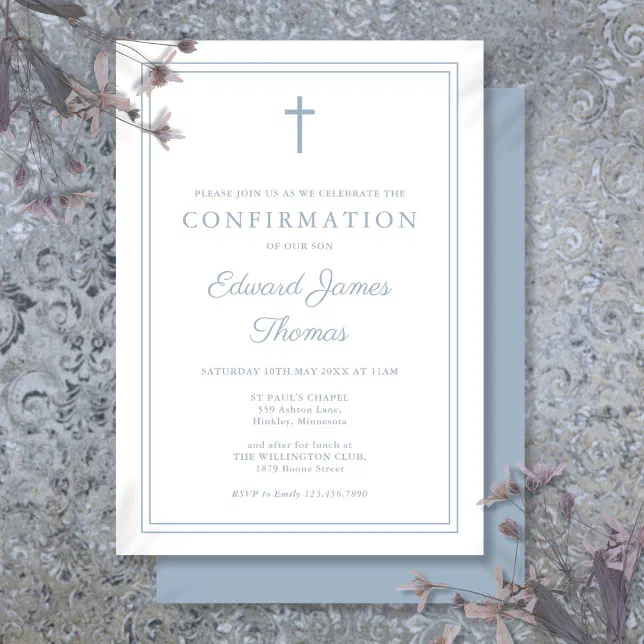 Modern Dusty Blue Border Confirmation Invitation | Zazzle
