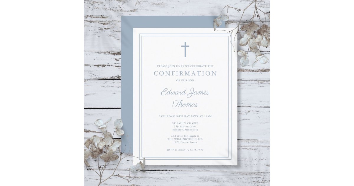 Modern Dusty Blue Border Confirmation Invitation Postcard | Zazzle