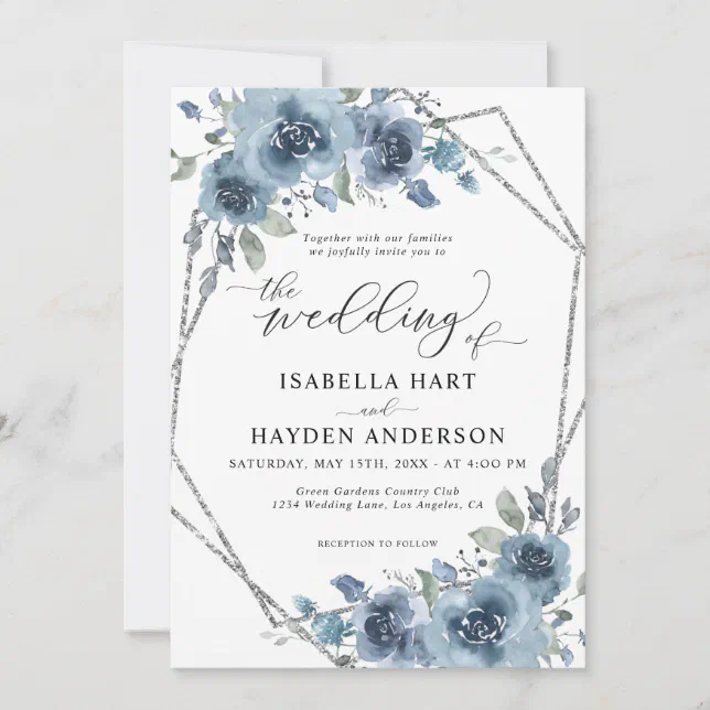 Modern Dusty Blue Chic Floral Silver Frame Wedding Invitation | Zazzle