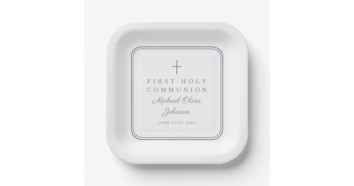 Modern Dusty Blue Cross Boy First Holy Communion Paper Plates | Zazzle