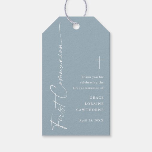 Modern Dusty Blue First Communion Thank You Favor Gift Tags | Zazzle
