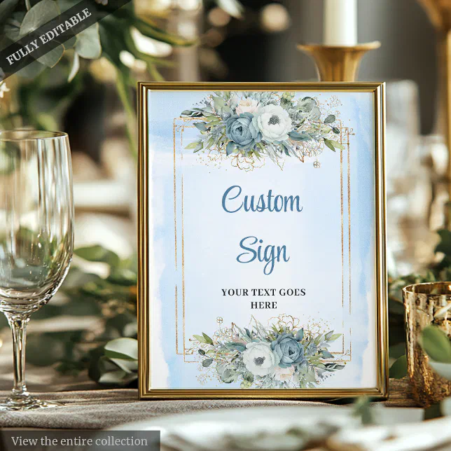 Modern Dusty Blue Floral Gold Glitter Wedding Sign | Zazzle