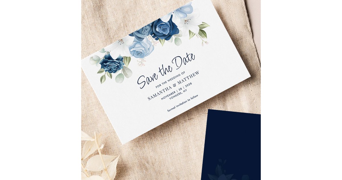 Modern Dusty Blue Floral Save the Date Note Card | Zazzle