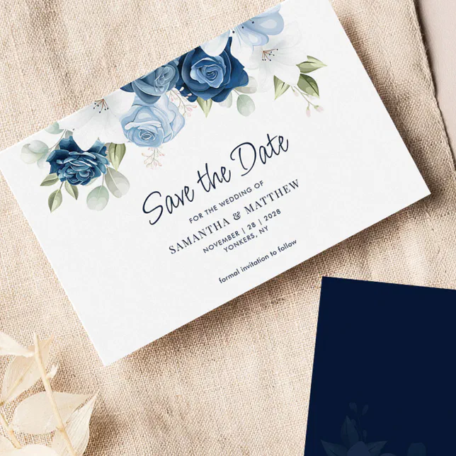 Modern Dusty Blue Floral Save the Date Note Card | Zazzle