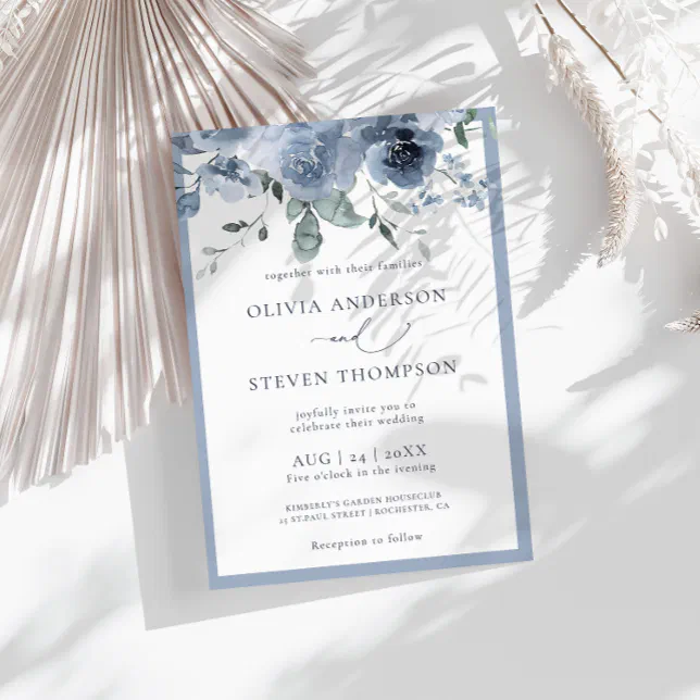 Modern Dusty Blue Floral Wedding Invitation | Zazzle