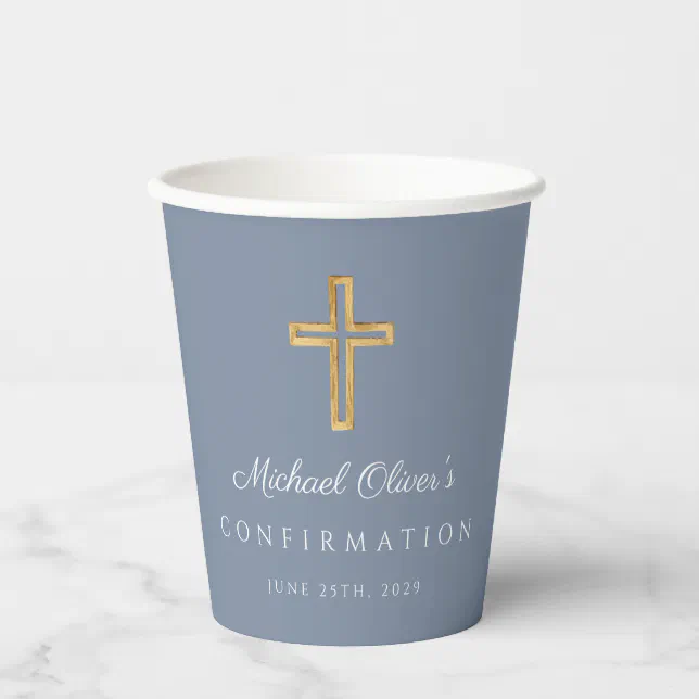Modern Dusty Blue Religious Cross Boy Confirmation Paper Cups | Zazzle