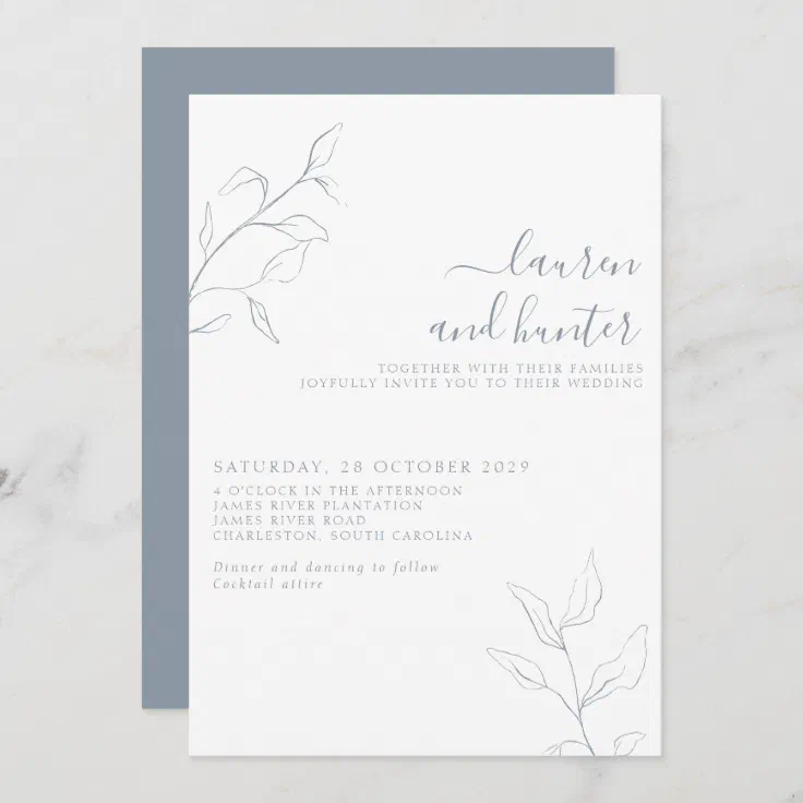 Modern Dusty Blue Script Botanical Wedding Invitation | Zazzle