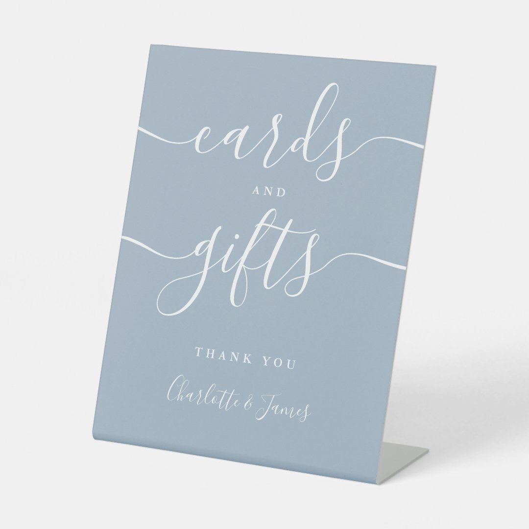 Modern Dusty Blue Signature Script Cards And Gifts Pedestal Sign | Zazzle