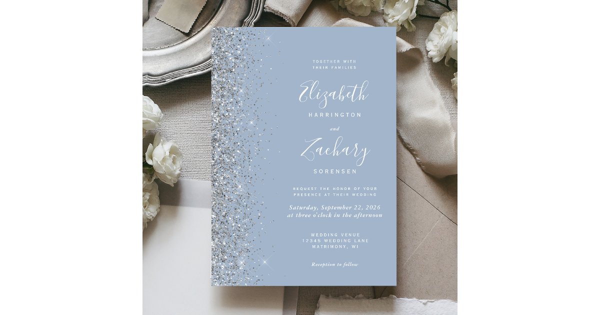 Modern Dusty Blue Silver Glitter Edge Wedding Invitation | Zazzle