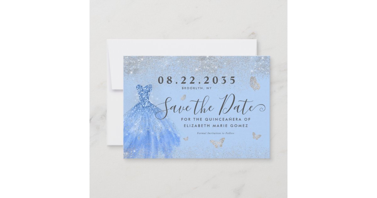 Modern Dusty Blue Silver Glitter Gown Quinceanera Save The Date | Zazzle