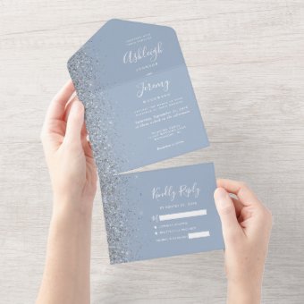 Modern Dusty Blue Silver Glitter Wedding All In One Invitation | Zazzle