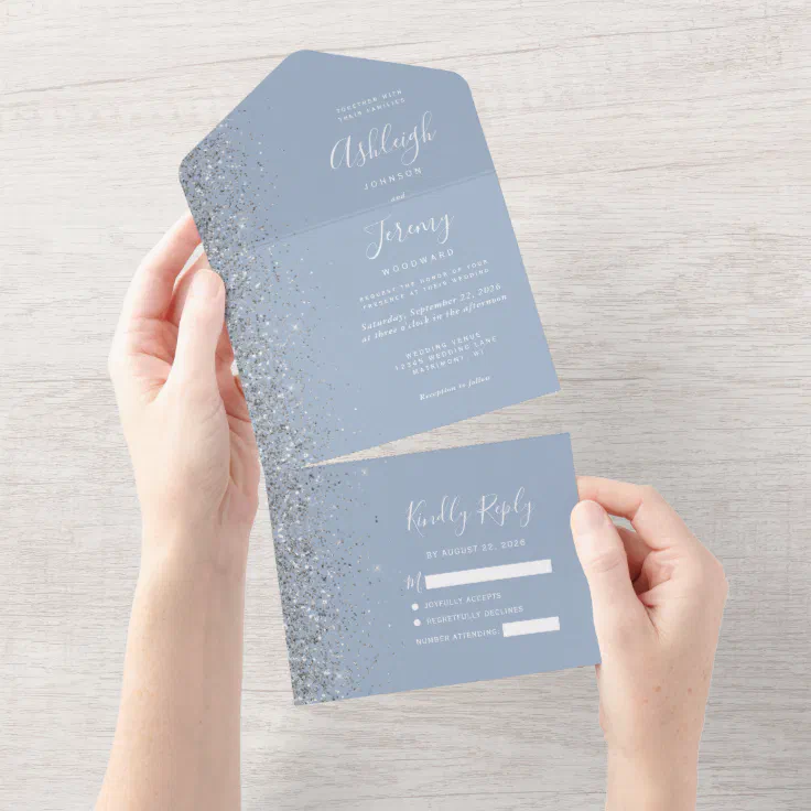 Modern Dusty Blue Silver Glitter Wedding All In One Invitation | Zazzle