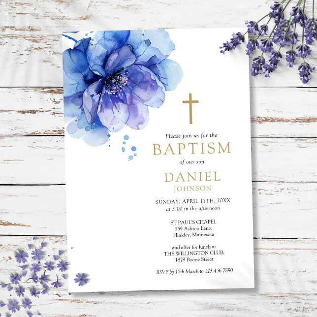Modern Dusty Blue Watercolor Floral Baptism Invitation | Zazzle