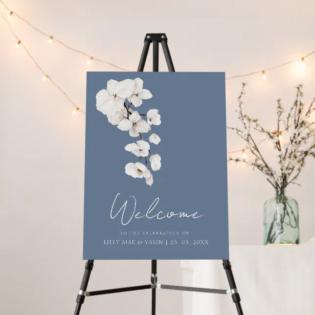 Modern Dusty Blue White Orchids Wedding Sign | Zazzle
