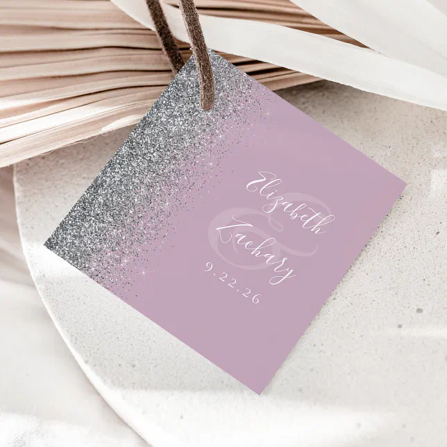 Modern Dusty Lilac Silver Glitter Wedding Favor Tags | Zazzle