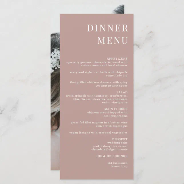 Modern Dusty Rose Minimalist Photo Dinner Menu | Zazzle