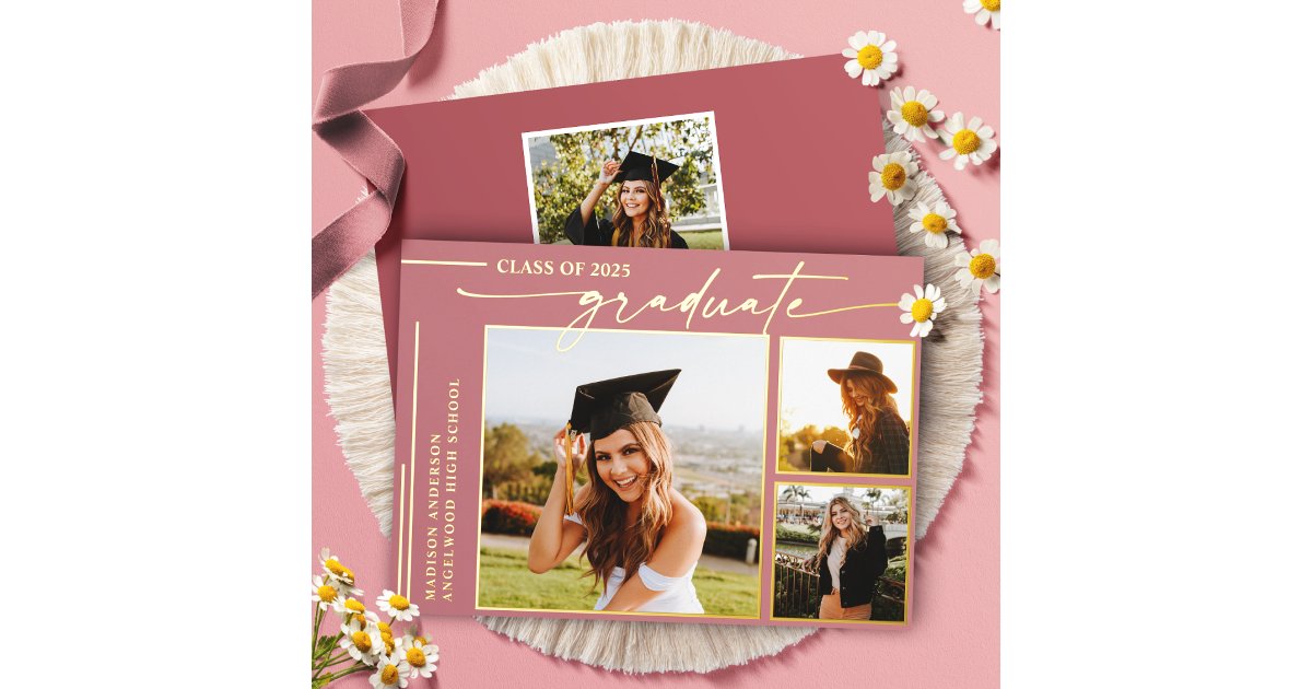 Modern Dusty Rose Script Graduate Photo Graduation Foil Invitation | Zazzle