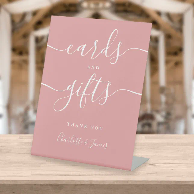 Modern Dusty Rose Signature Script Cards And Gifts Pedestal Sign | Zazzle