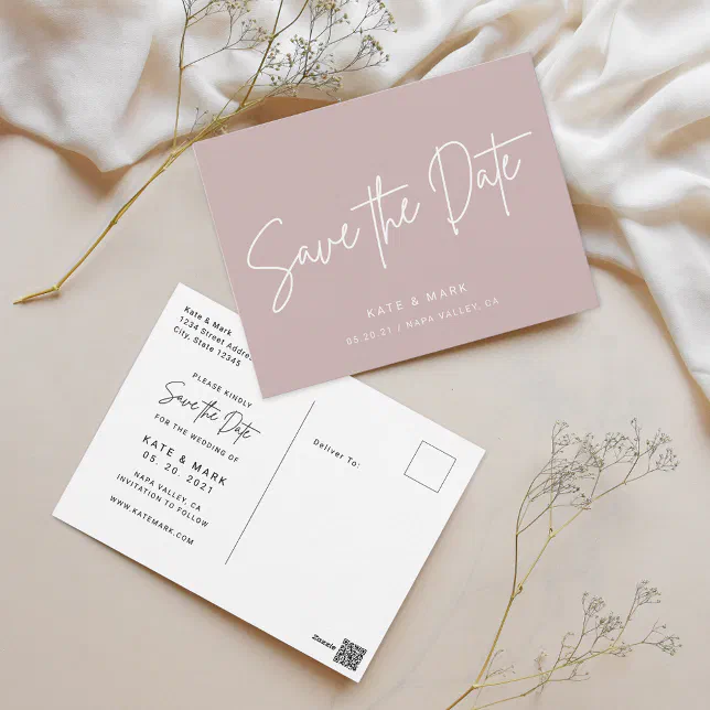 Modern Dusty Rose Wedding Save the Date Postcard | Zazzle