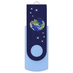 Modern earth globe & stars on navy blue flash drive | Zazzle
