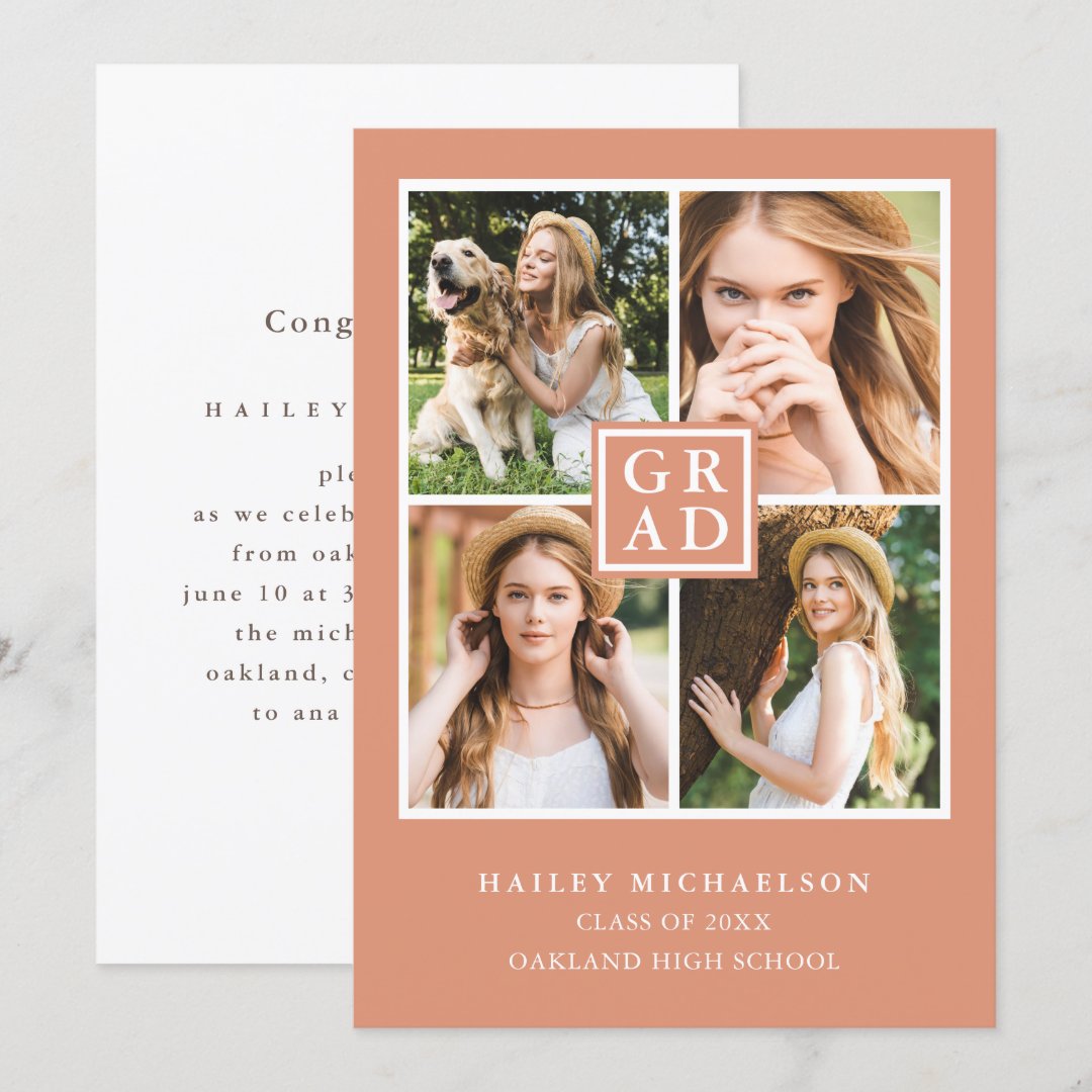 Modern Earthy Peach Photo Collage Graduation Party Invitation | Zazzle