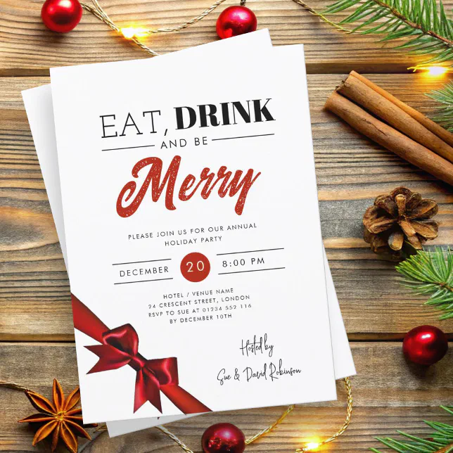 Modern Eat, Drink Be Merry Xmas Red Ribbon Invitation | Zazzle