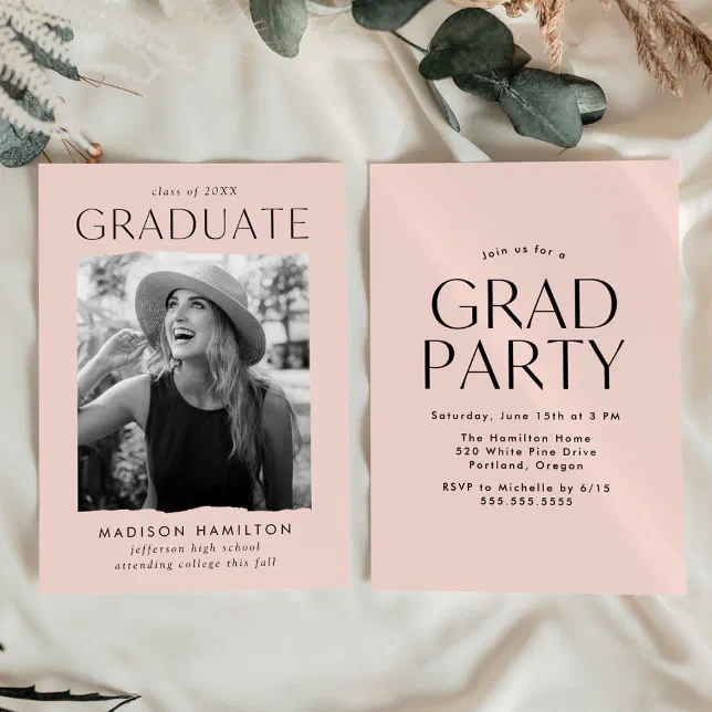 Modern Edge Blush Pink Photo Graduation Party Invitation | Zazzle