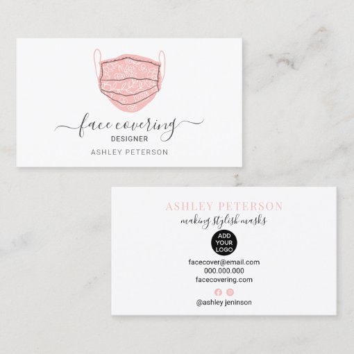 Modern editable pink mask face covering designer business card | Zazzle