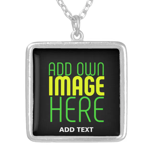 MODERN EDITABLE SIMPLE BLACK IMAGE TEXT TEMPLATE SILVER PLATED NECKLACE ...