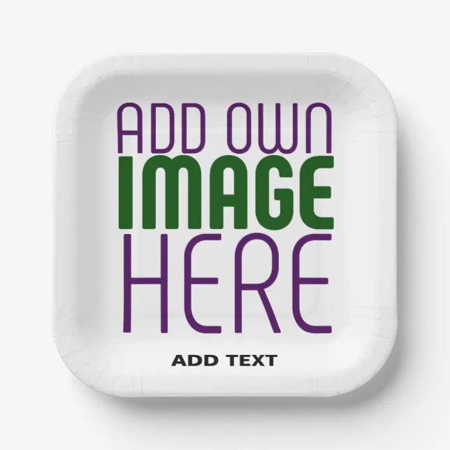 MODERN EDITABLE SIMPLE WHITE IMAGE TEXT TEMPLATE PAPER PLATES | Zazzle