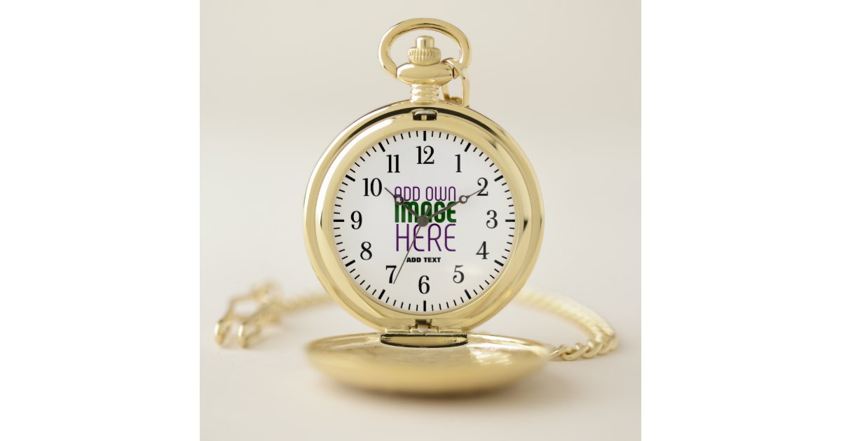 MODERN EDITABLE SIMPLE WHITE IMAGE TEXT TEMPLATE POCKET WATCH | Zazzle