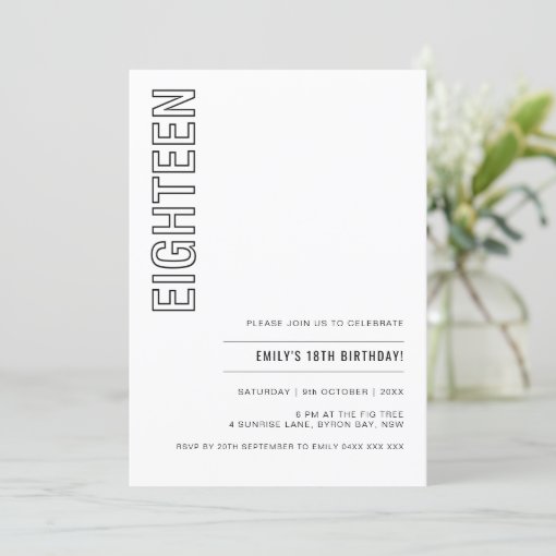 Modern Eighteen 18th Birthday Party Invitation | Zazzle