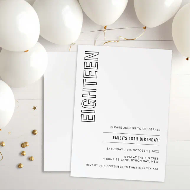 Modern Eighteen 18th Birthday Party Invitation | Zazzle