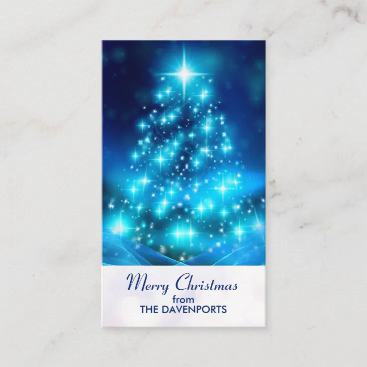 Modern Electric Blue Christmas Tree with Lights Business Card | Zazzle