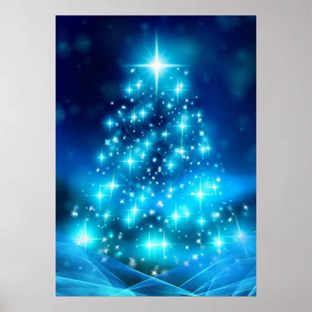 Modern Electric Blue Christmas Tree with Lights Poster | Zazzle