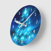Modern Electric Blue Christmas Tree with Lights Round Clock | Zazzle