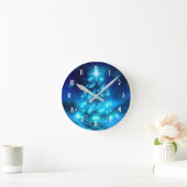 Modern Electric Blue Christmas Tree with Lights Round Clock | Zazzle