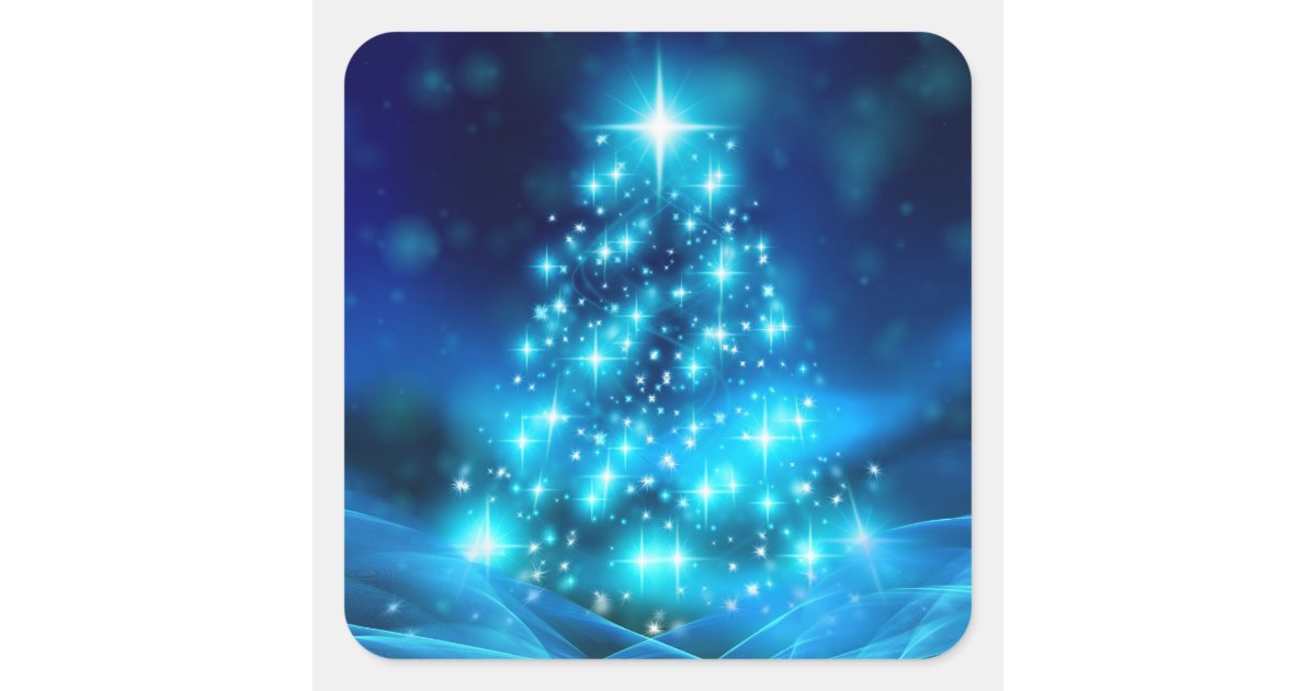 Modern Electric Blue Christmas Tree with Lights Square Sticker | Zazzle