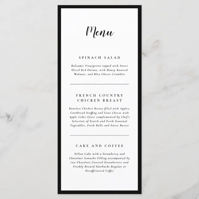 Modern Elegance Black and White Wedding Menu | Zazzle