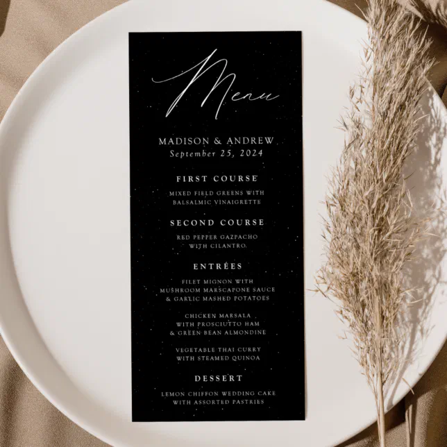Modern Elegance Speckled Black and White Wedding Menu | Zazzle